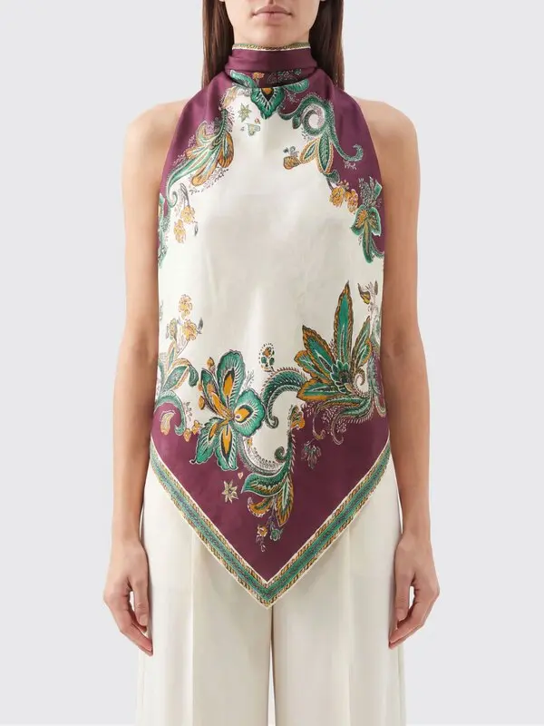 ALEMAIS Silk-blend Ethnic Print Scarf Neck Top