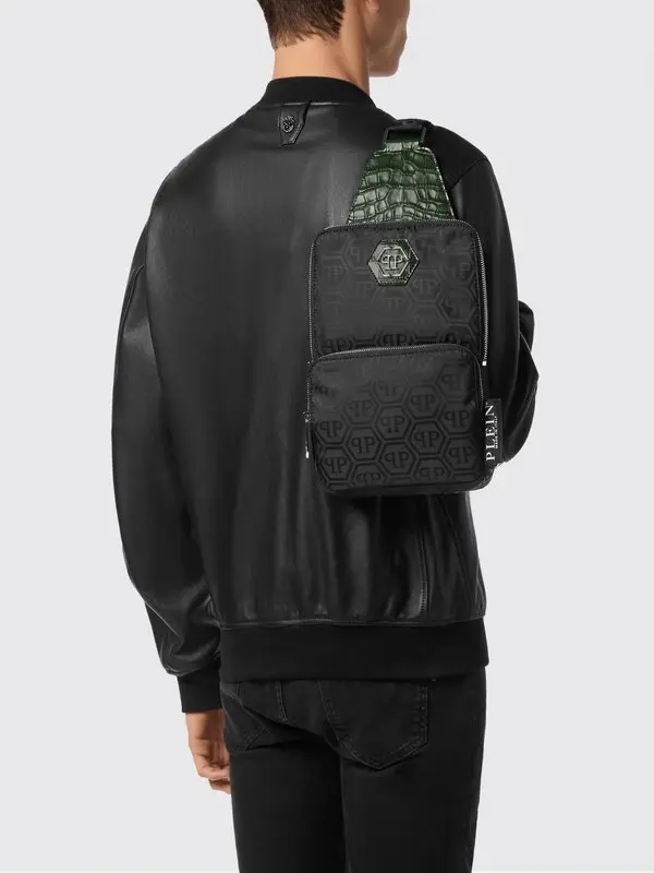 Philipp Plein Logo Nylon And Crocodile Print Leather Bag