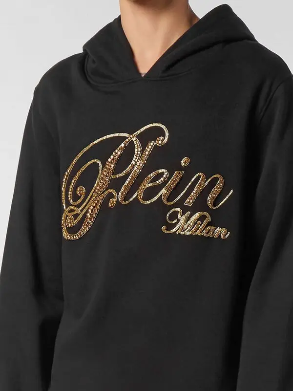 Philipp Plein Embellished Logo Cotton Hoodie - Black