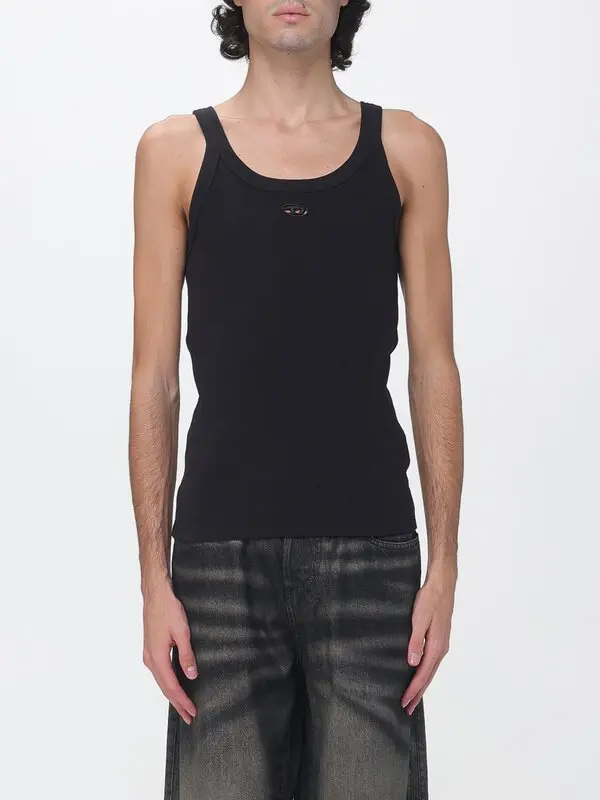DIESEL® Slim Fit Ribbed Cotton Tank Top With U-neck And Oval D Logo