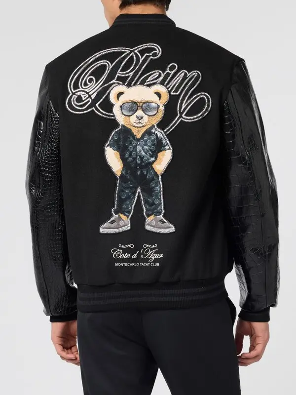 Philipp Plein Varsity Teddy Racer Bomber Jacket With Logo