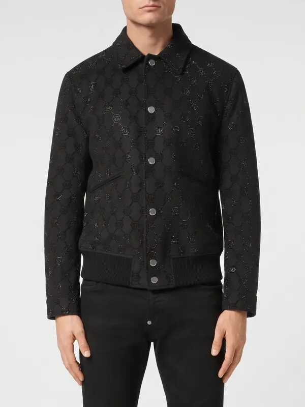 Philipp Plein Rhinestone Monogram Wool Bomber Jacket