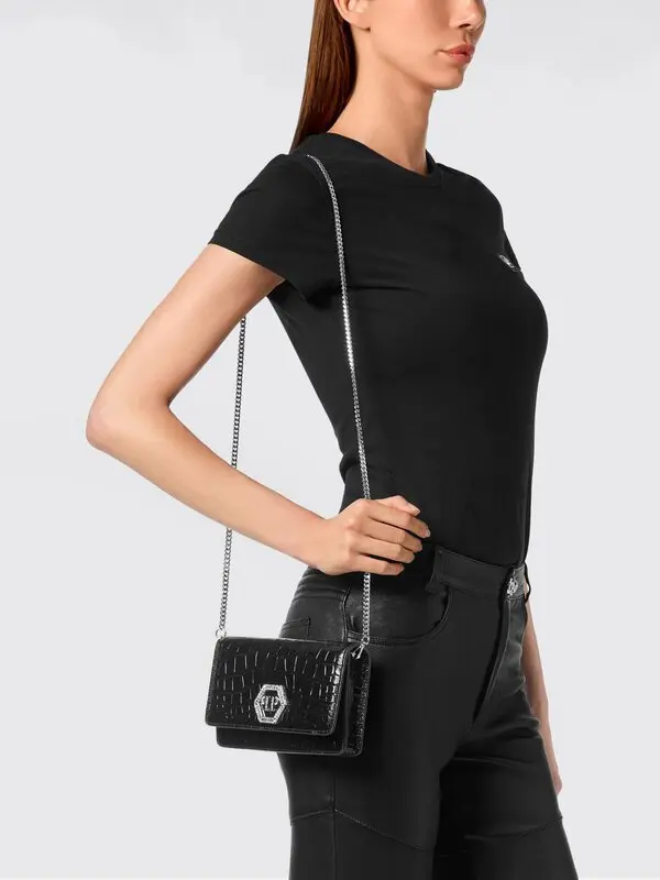 Philipp Plein Crocodile Print Leather Clutch With Rhinestone Hexagon - Black