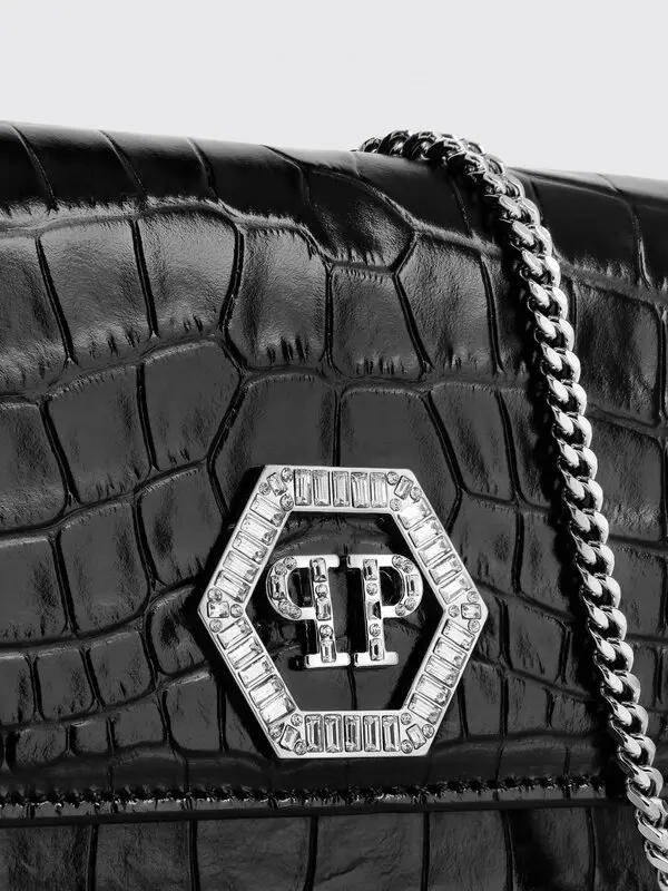 Philipp Plein Crocodile Print Leather Clutch With Rhinestone Hexagon - Black