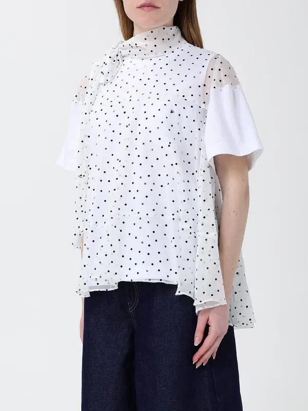 Sacai Cotton And Polka Dot Tulle Top