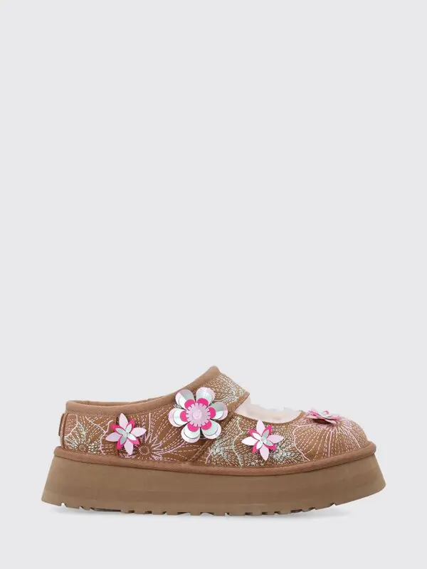 UGG Bea Mary Jane Suede Sabots With Floral Embroidery - Beige