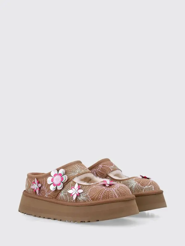 UGG Bea Mary Jane Suede Sabots With Floral Embroidery - Beige