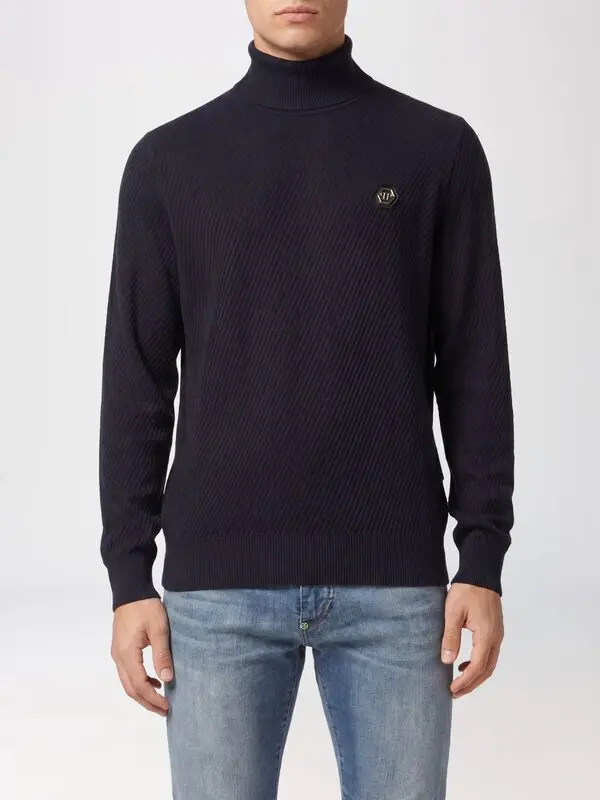 Philipp Plein Merino Wool And Silk Blend Turtleneck Sweater With Hexagon Monogram Logo - Navy
