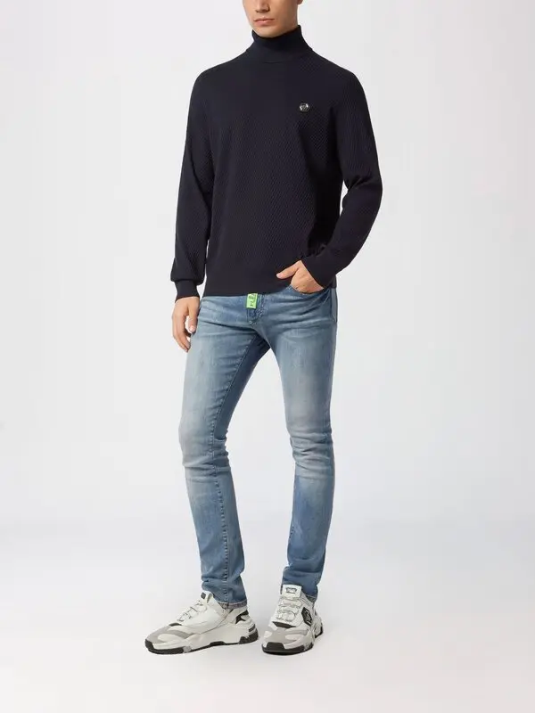 Philipp Plein Merino Wool And Silk Blend Turtleneck Sweater With Hexagon Monogram Logo - Navy