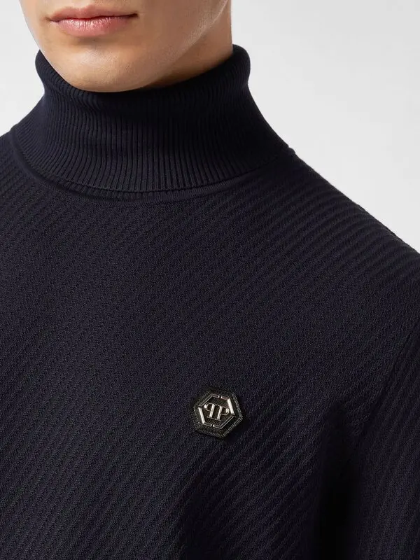 Philipp Plein Merino Wool And Silk Blend Turtleneck Sweater With Hexagon Monogram Logo - Navy