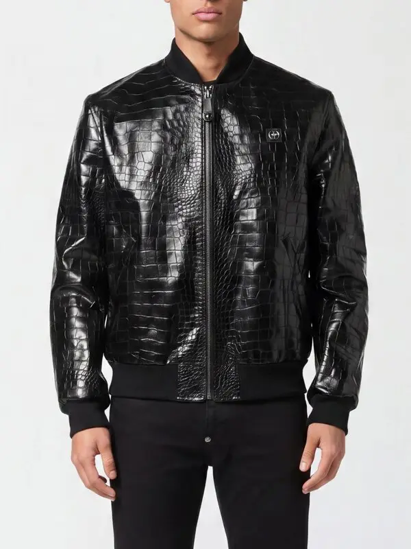 Philipp Plein Crocodile Print Leather Bomber Jacket