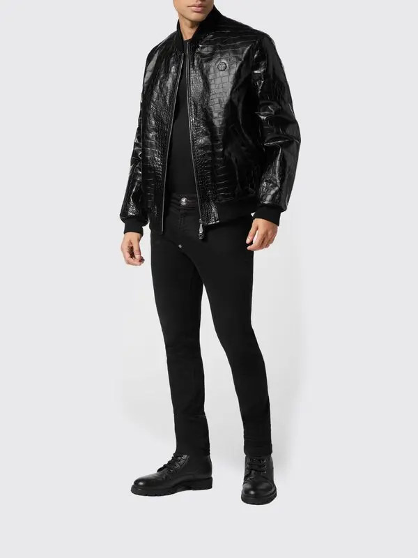 Philipp Plein Crocodile Print Leather Bomber Jacket