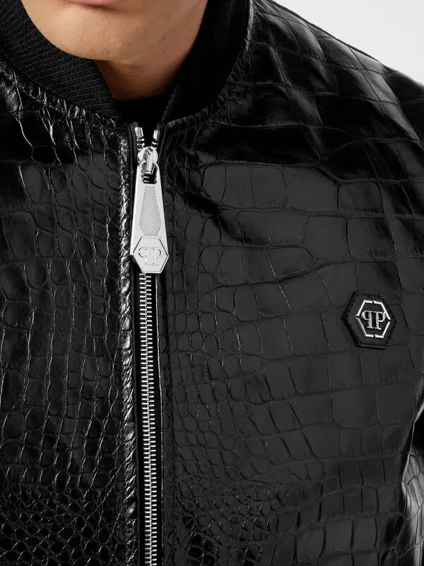 Philipp Plein Crocodile Print Leather Bomber Jacket