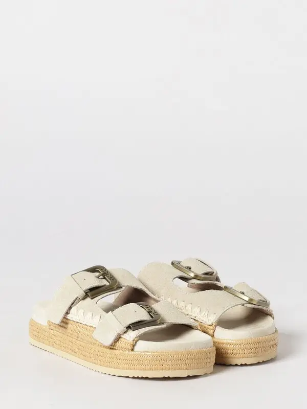 Mou Suede And Raffia Sandal With Thread Stitching - Beige