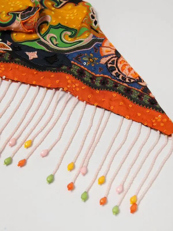 Etro Paisley Print Silk Scarf With Beaded Fringes