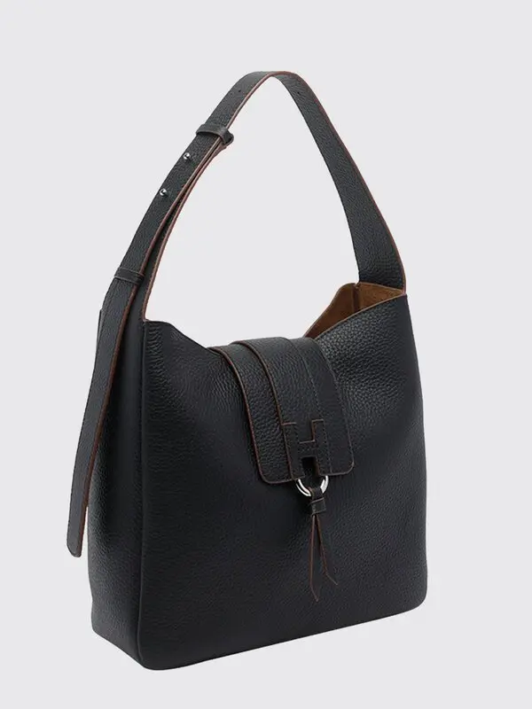 Hogan Grained Leather Hobo Shoulder Bag - Black