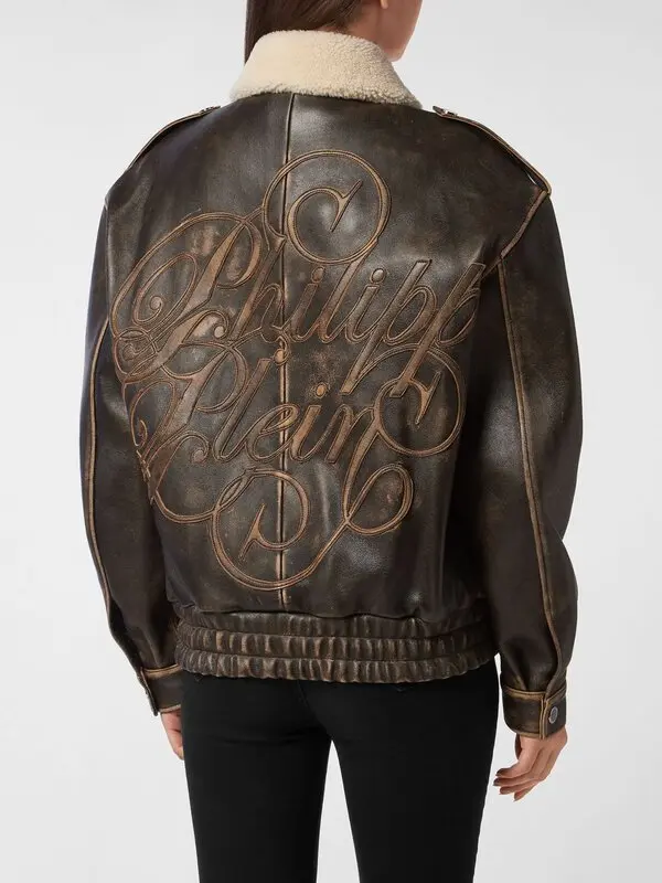 Philipp Plein Distressed Leather Jacket With Fur Collar