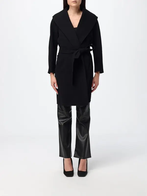 Max Mara Belted Virgin Wool Robe Coat With Shawl Collar - Black