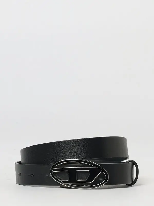 DIESEL® Leather Belt With Oval Logo Buckle