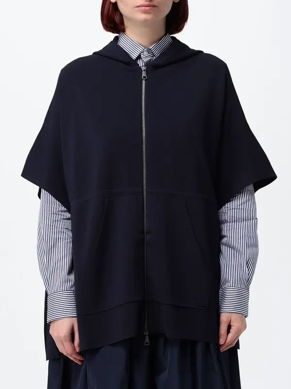 Max Mara Hooded Viscose Cape With Zip Closure - Navy
