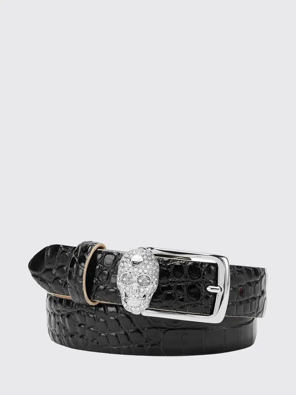 Philipp Plein Crocodile Print Leather Belt With Skull And Rhinestones - Black