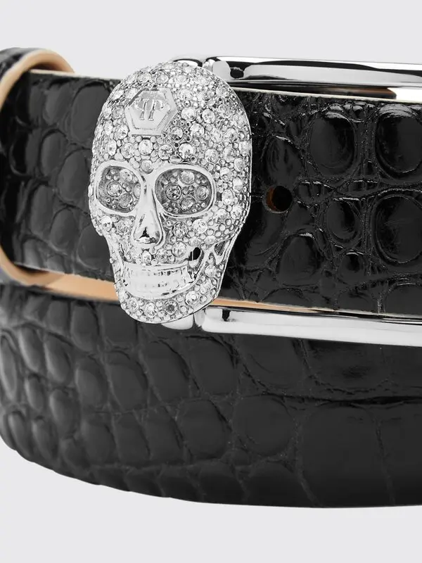Philipp Plein Crocodile Print Leather Belt With Skull Embellishment