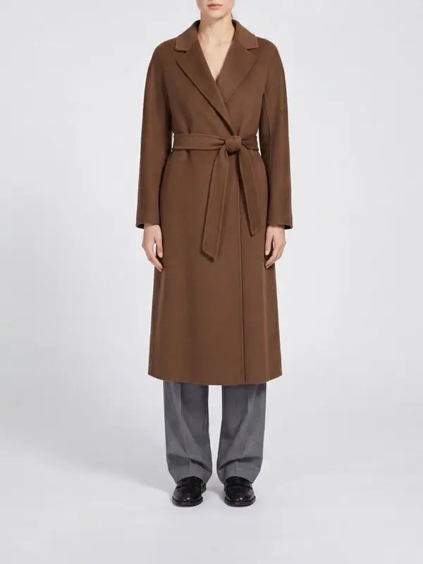 Max Mara Long Robe Coat In Pure Virgin Wool With Matching Belt - Brown