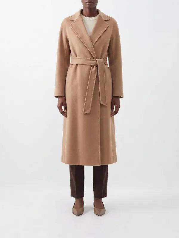Max Mara Long Robe Coat In Pure Virgin Wool With Matching Belt - Camel
