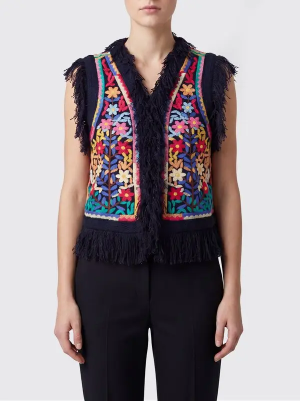 Antik Batik Sleeveless V-neck Embroidered Vest With Fringe