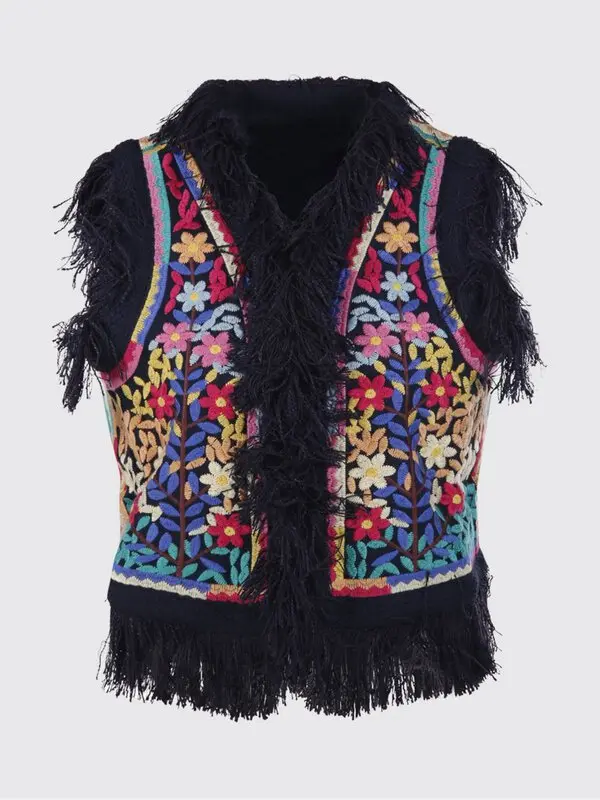 Antik Batik Sleeveless V-neck Embroidered Vest With Fringe