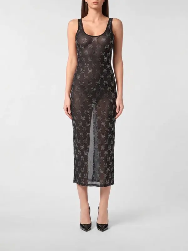 Philipp Plein Rhinestone Jersey Midi Dress - Black