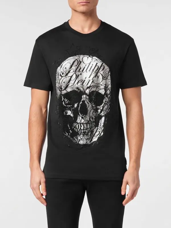 Philipp Plein Skull Cotton T-shirt With Rhinestone Logo - Black