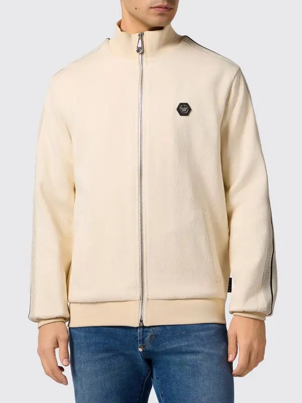 Philipp Plein Cotton Blend Zip Hoodie With Logo - Beige
