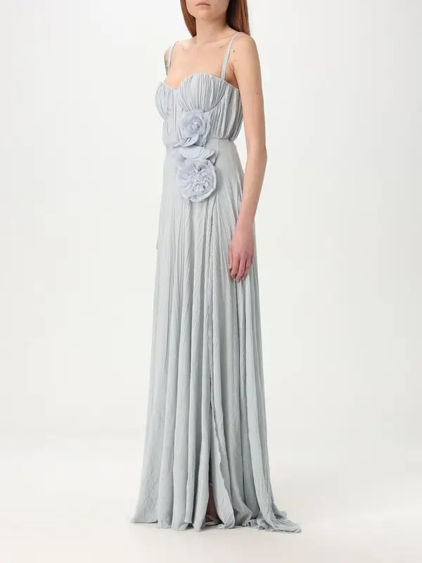 Elisabetta Franchi Ruched Maxi Dress With Floral Embellishment - Gnawed Blue