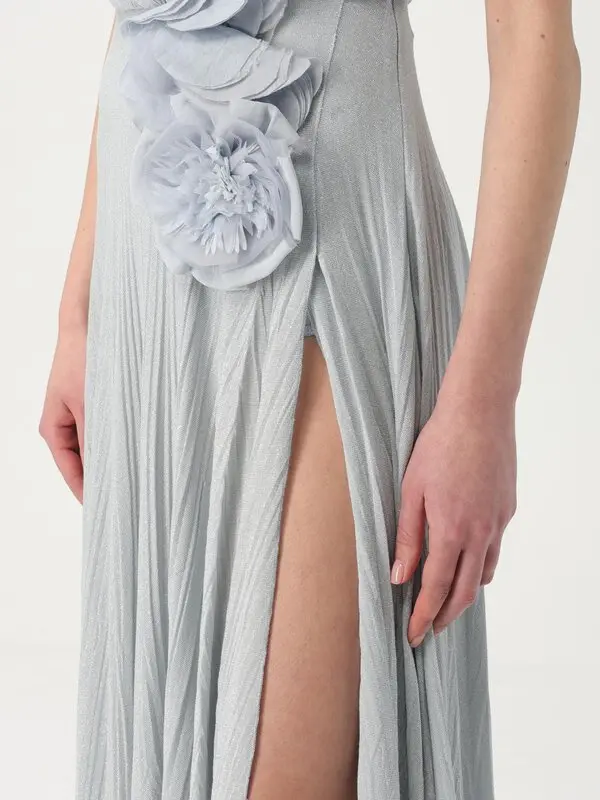 Elisabetta Franchi Ruched Maxi Dress With Floral Embellishment - Gnawed Blue