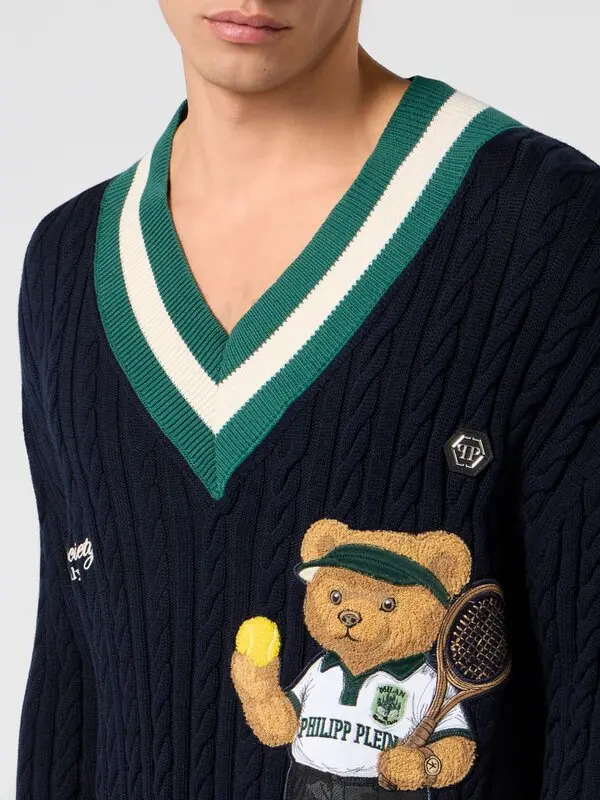 Philipp Plein Wool Blend V-neck Jumper With Embroidered Detail - Navy