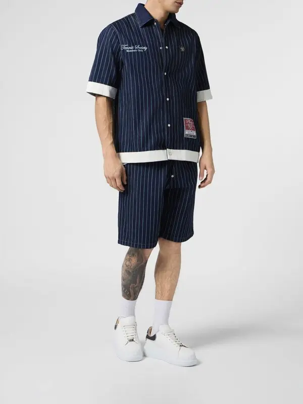 Philipp Plein Cotton Denim Striped Shorts