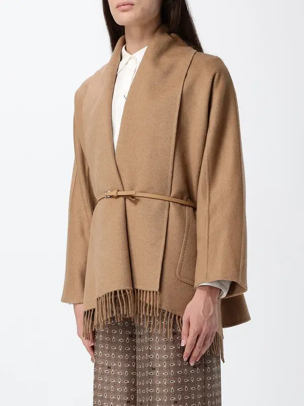 Max Mara Short Pure Wool Cape With Shawl Collar And Fringes - Camel