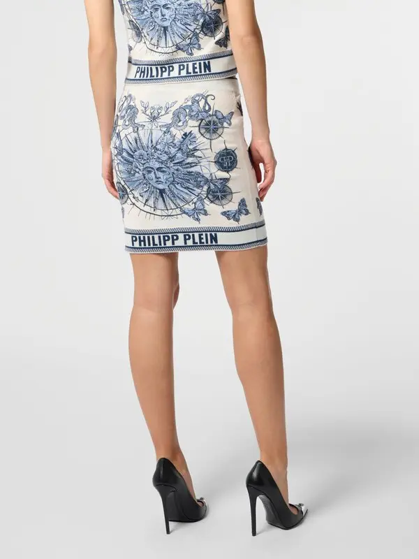 Philipp Plein Wool-blend Knit Pencil Miniskirt With Graphic Monogram Print - Turquoise