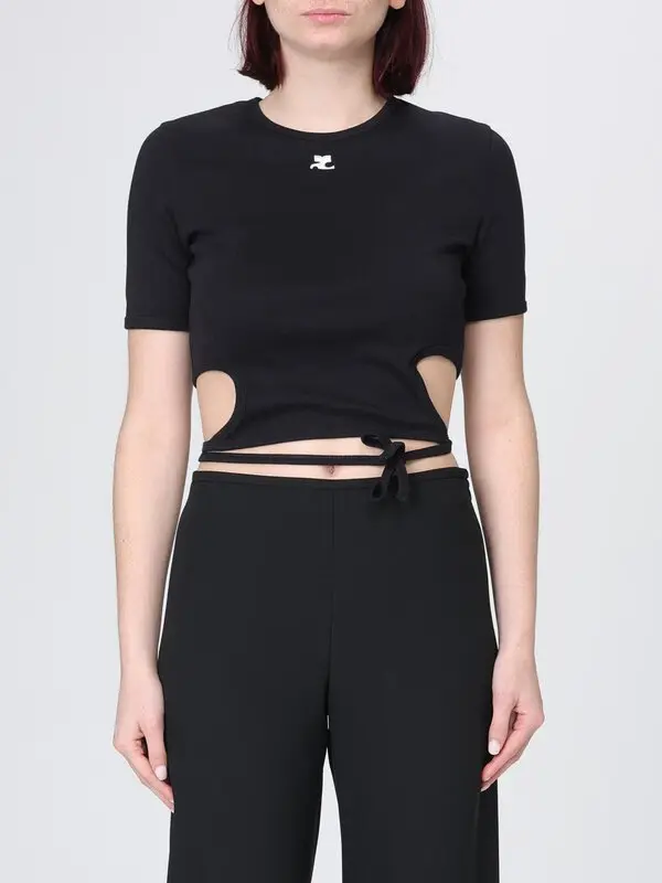 COURREGES Cotton Crop T-shirts With Logo - Black