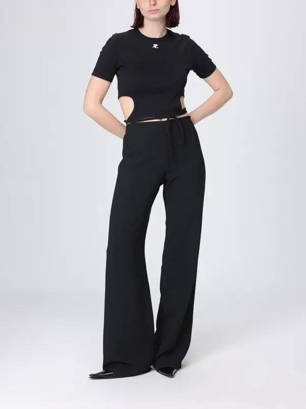 COURREGES Cotton Crop T-shirts With Logo - Black