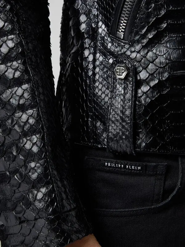 Philipp Plein Snake Print Leather Biker Jacket
