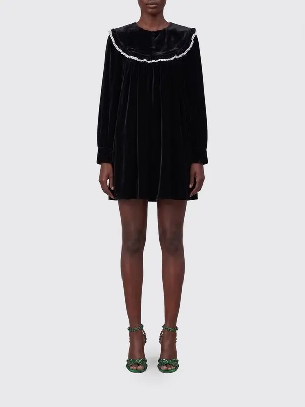 GANNI Velvet Mini Dress With Crewneck And Long Sleeves