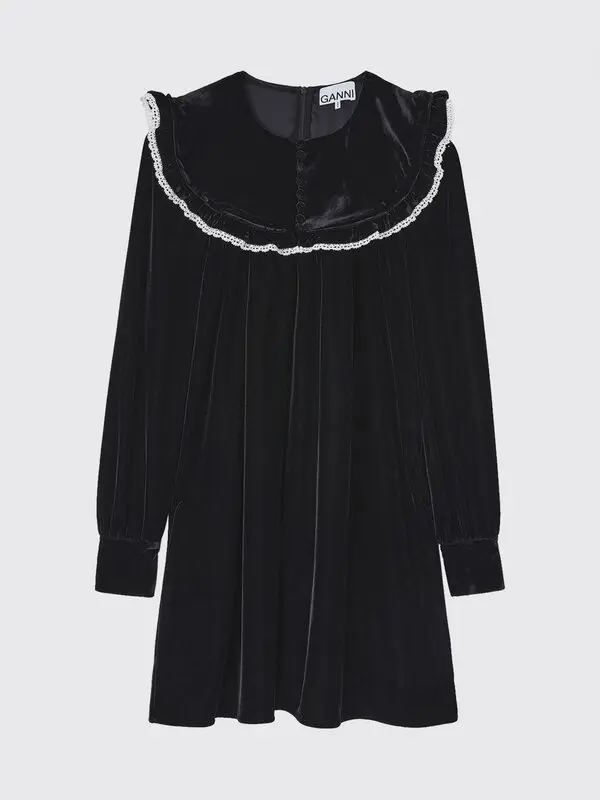 GANNI Velvet Mini Dress With Crewneck And Long Sleeves
