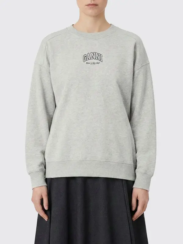 GANNI Cotton Crewneck Sweatshirt With Printed Logo - Grey