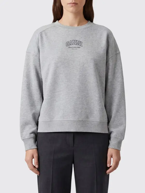 GANNI Relaxed Fit Cotton Sweatshirt With Dropped Shoulders And Printed Logo - Grey