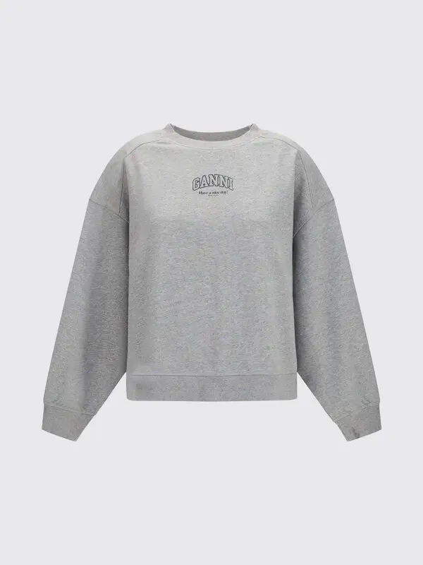 GANNI Relaxed Fit Cotton Sweatshirt With Dropped Shoulders And Printed Logo - Grey