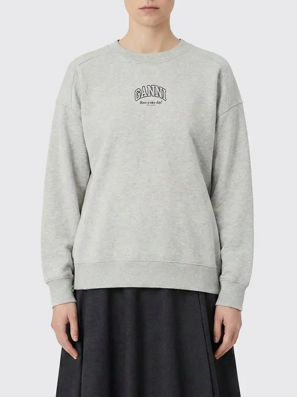 GANNI Relaxed Fit Cotton Sweatshirt With Dropped Shoulders And Printed Logo - Grey