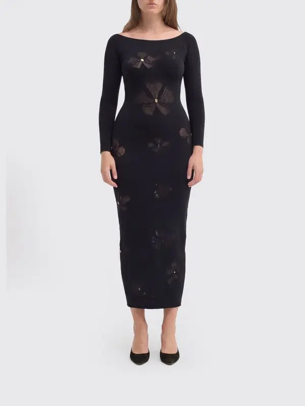 MARGHERITA MACCAPANI Monogram Midi Dress In Jersey With Floral Embroidery - Black