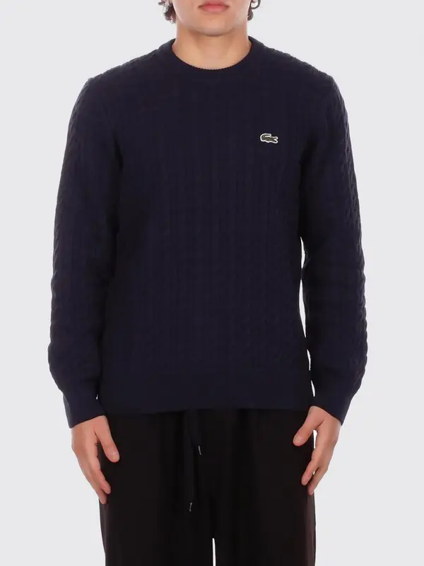 Lacoste Cable Knit Cotton Crewneck Sweater With Logo Applique